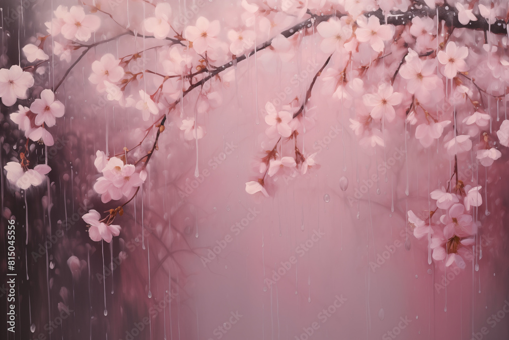 a gentle rain overlay against a soft pink cherry blossom background ...