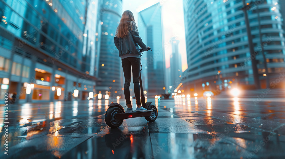 Woman on Electric Scooter in Rainy City at Night Reflective Wet Streets ...