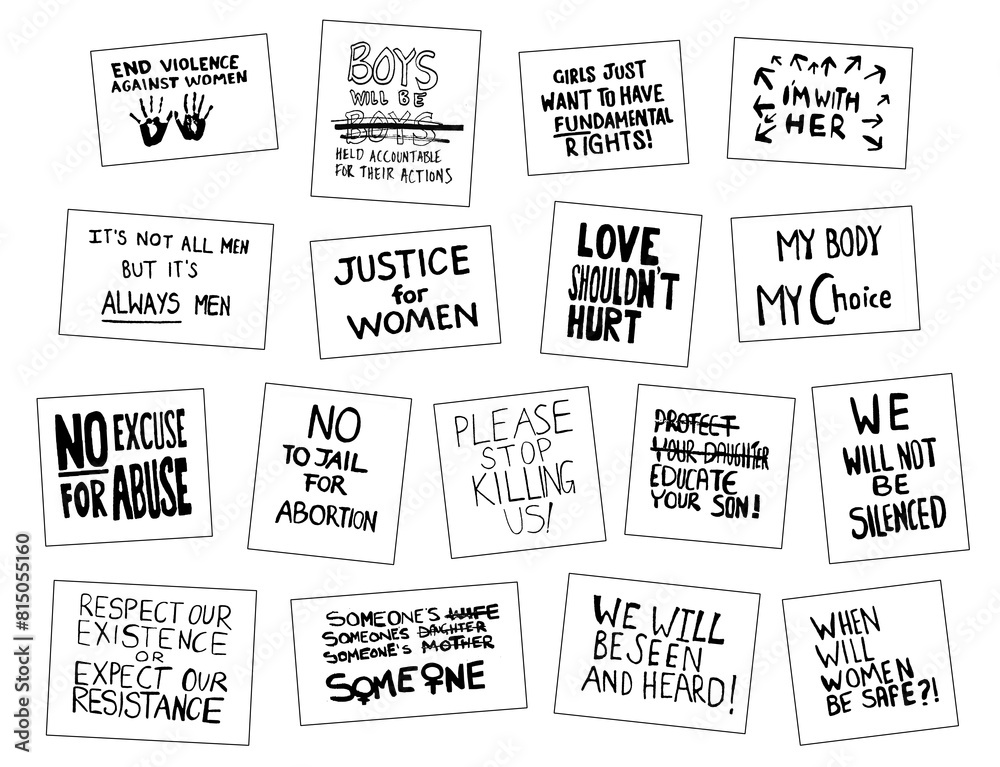 Womens rights protest signs, black and white hand written text Stock ...