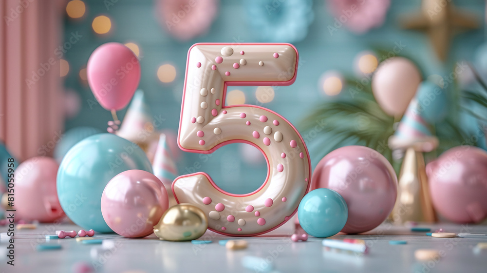 Pink and Blue Fifth Birthday Party Decorations with Balloons and ...