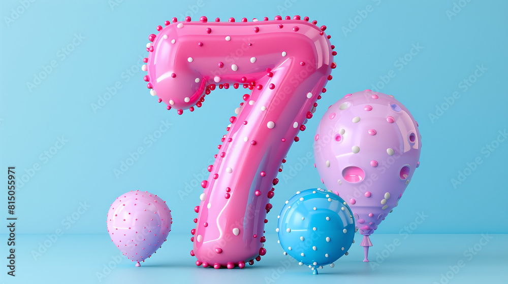 Pink Number 7 Balloon with Blue and White Polka Dot Balloons on Light ...