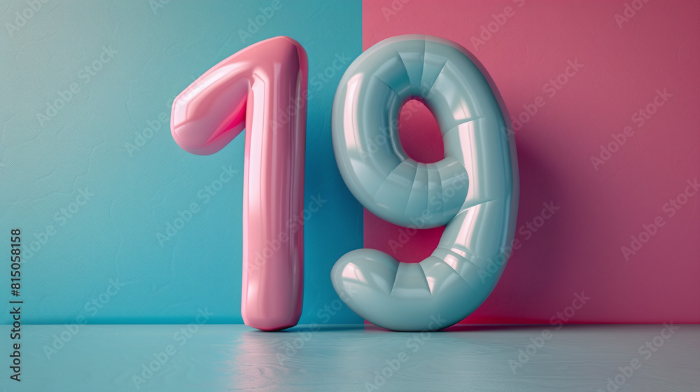 Pink and teal number 19 balloons on dual tone background symbolizing ...