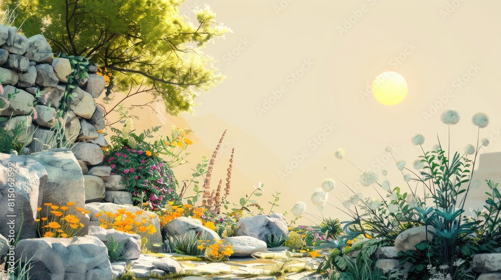 Nature themed artwork of rocks plants trees the sun sky and a wall ...