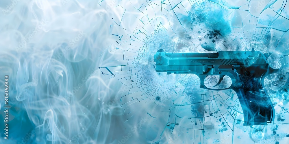 Crime scene with broken glass danger signs and gun symbolic imagery ...