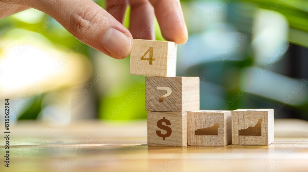 Concept of interest rate and financial rates. Hand placing a wooden ...