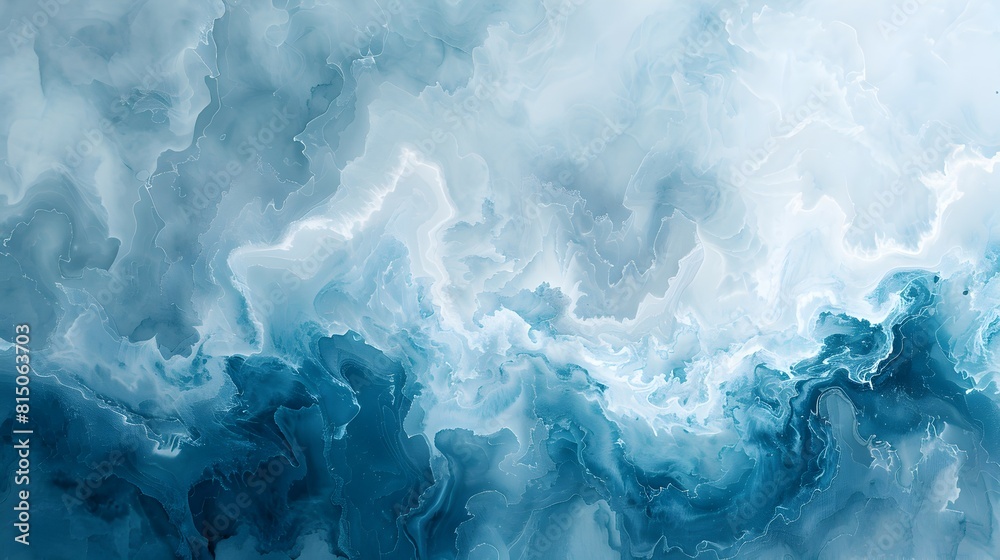 Stunning abstract art depicting swirling blue watercolor waves, creating a soothing texture that ...