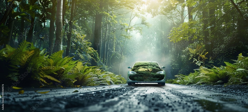 Eco car on forest road with planet earth passing through forest ...