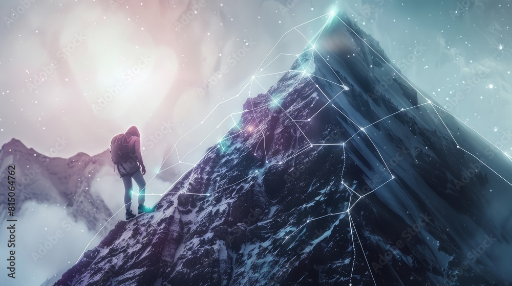 Goal to success for level up with person climbing on route slope to ...