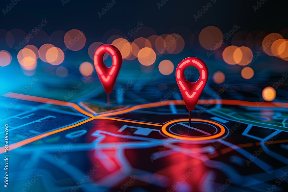 Digital hand set location on map with two pins. Artificial intelligence ...