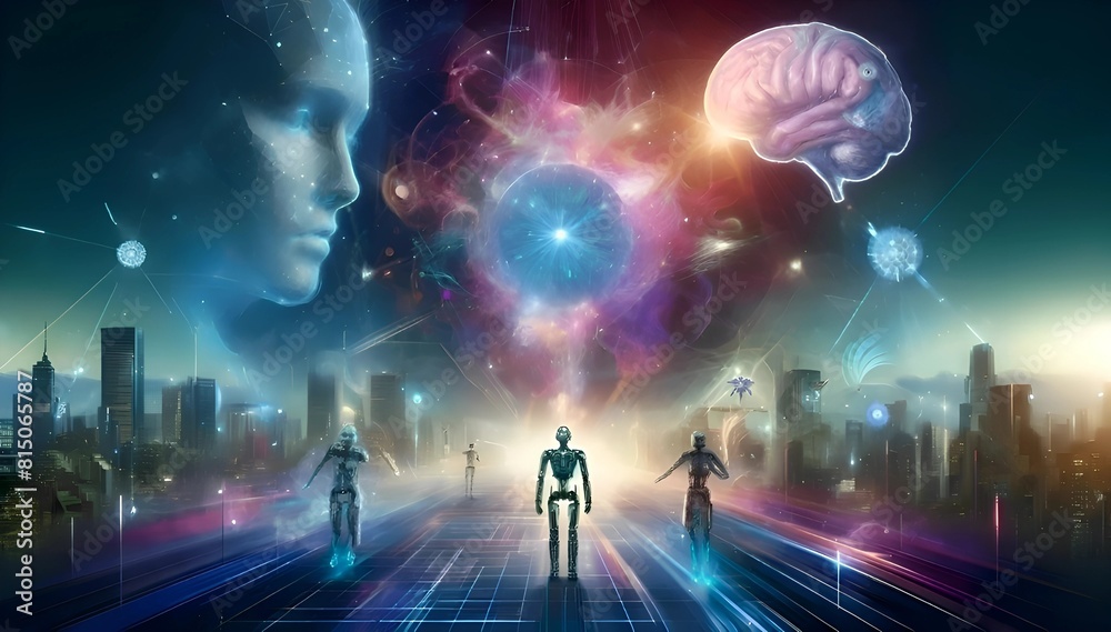 Surreal image depicting the theme of AI and futuristic robots with ...