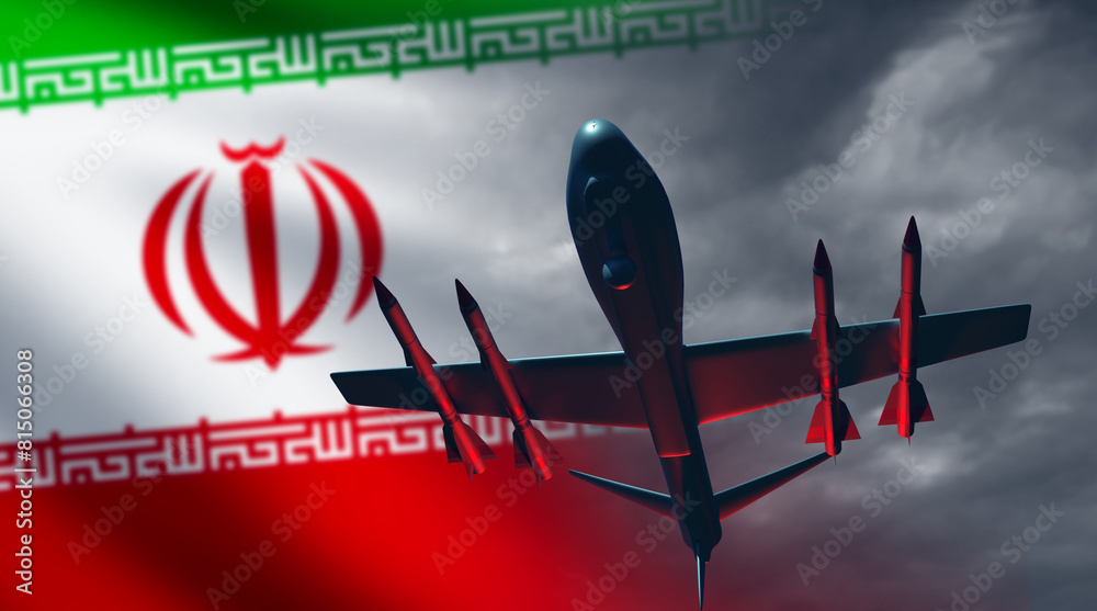 Military UAV with Iran flag. Unmanned aircraft with missiles. Iran ...