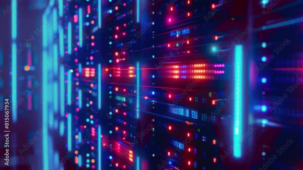 Rows of glowing servers with blinking lights and data flow animations, 4K Technological Video ...