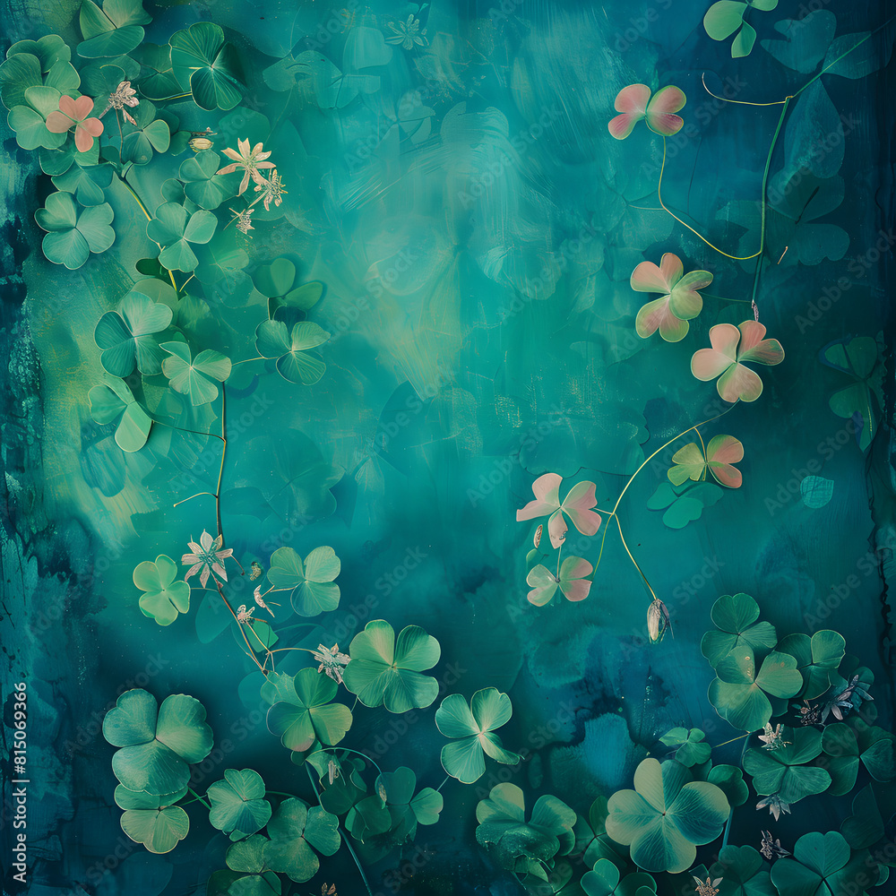 Nature deep blue green background with little clovers, concept of ...