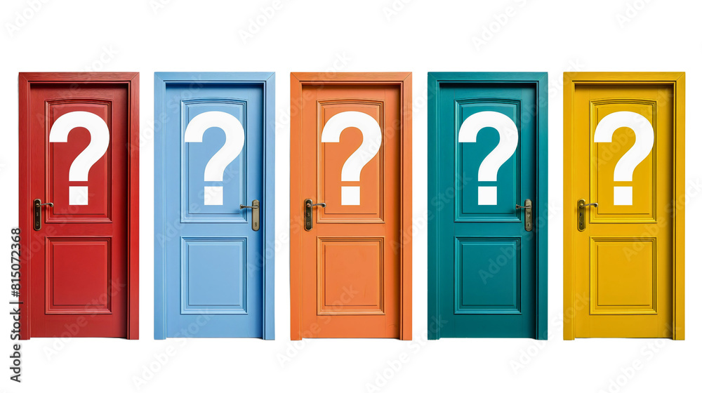 Five doors of different colors with question mark sign symbol isolated ...