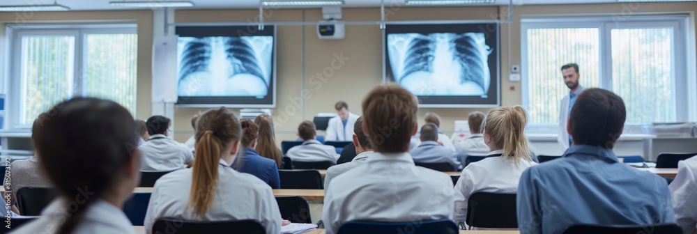 Medical students attentively listen to a lecture in a classroom with ...