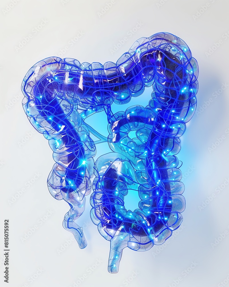3D rendering of the human colon made of blue glass. The colon is about ...