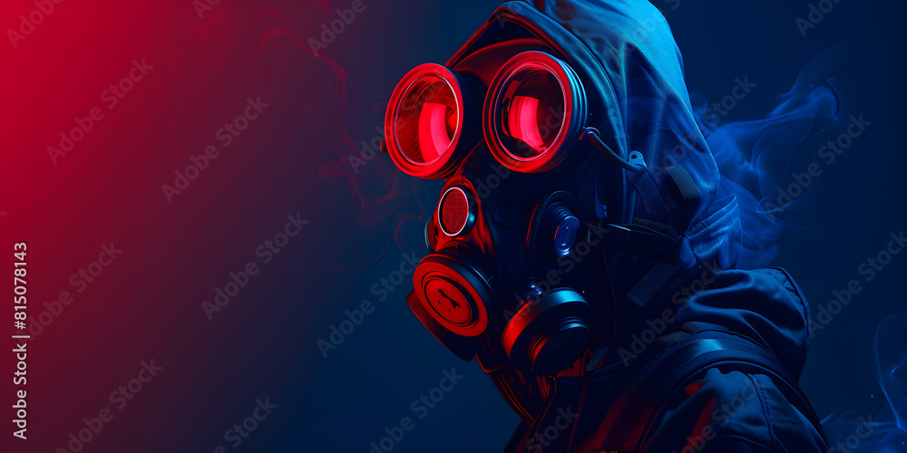 blue and red illuminated person with a gas mask Man in gas mask and ...