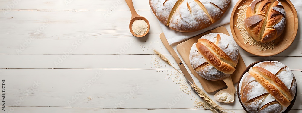 Bread bakery background top food view fresh white wheat loaf ...