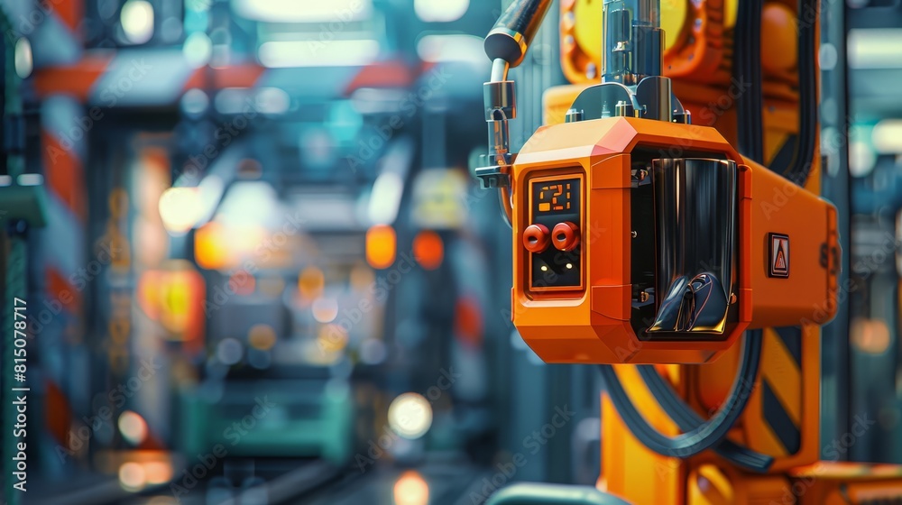 Zoom in on the emergency stop button of a bag-lifting robot, close-up ...