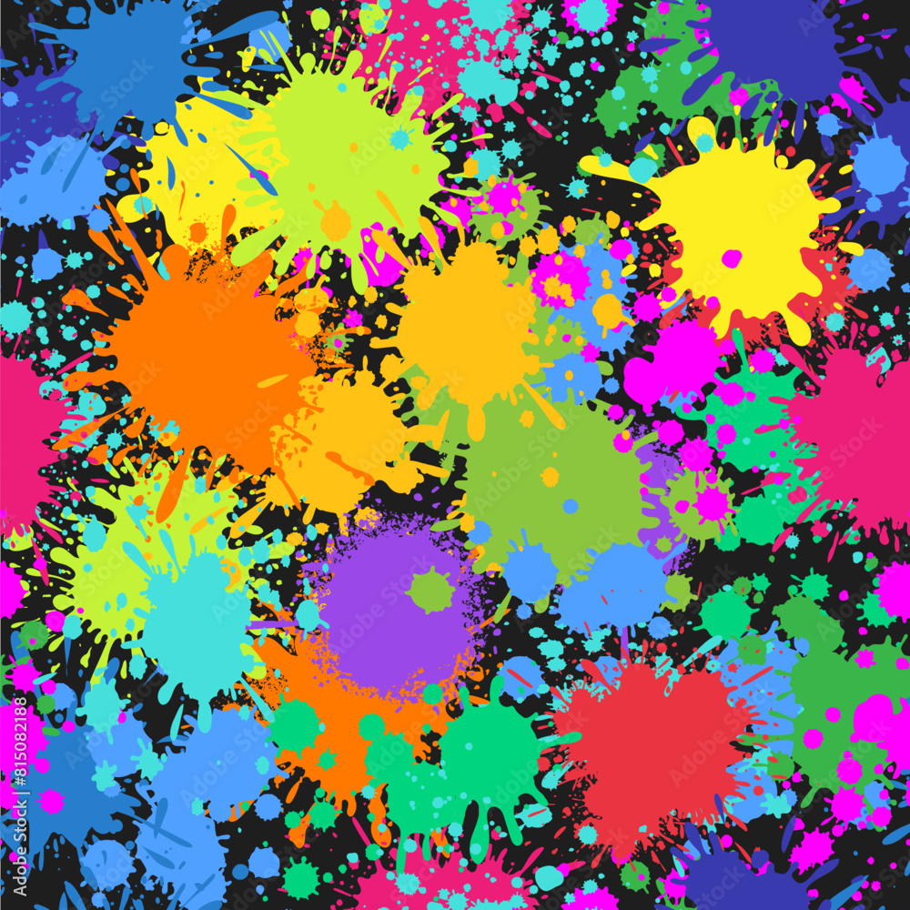 Paint splatter seamless pattern. Color Blobs on a dark background. Ink ...