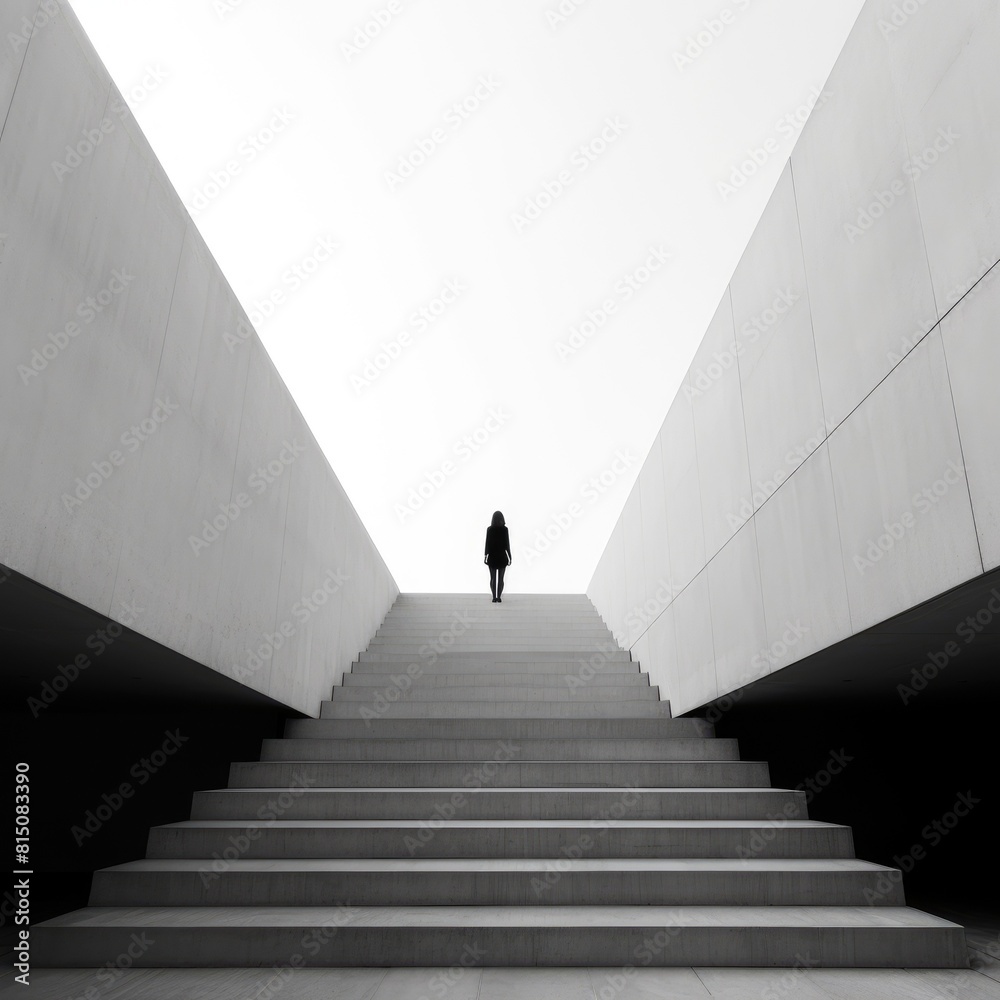 Woman ascending modern architectural stairs with monochrome filter ...