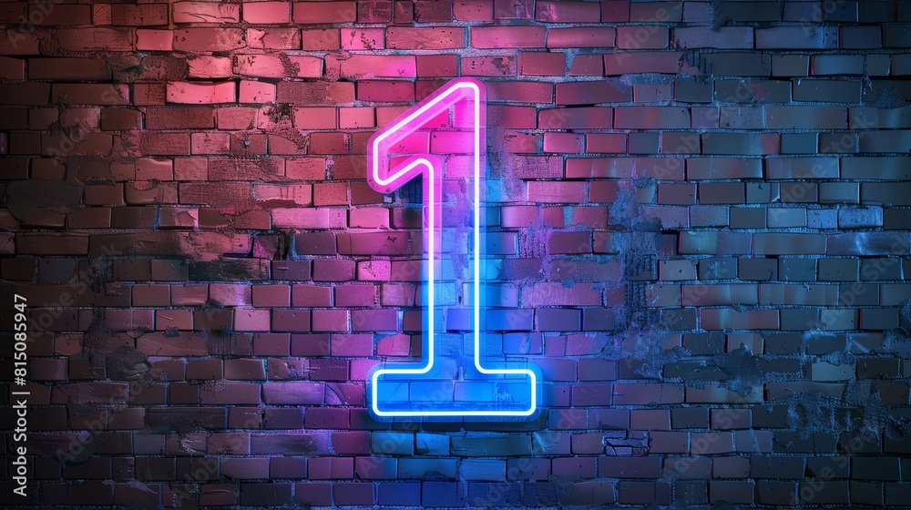 Neon number one on textured brick wall. Urban and modern concept for ...