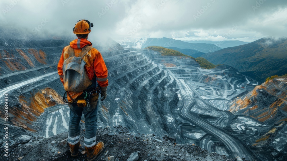 Copper mine worker in an open pit. His silhouette is silhouetted ...