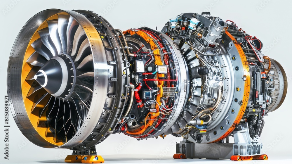Powerful aircraft engine on a white background, detailed structure of ...