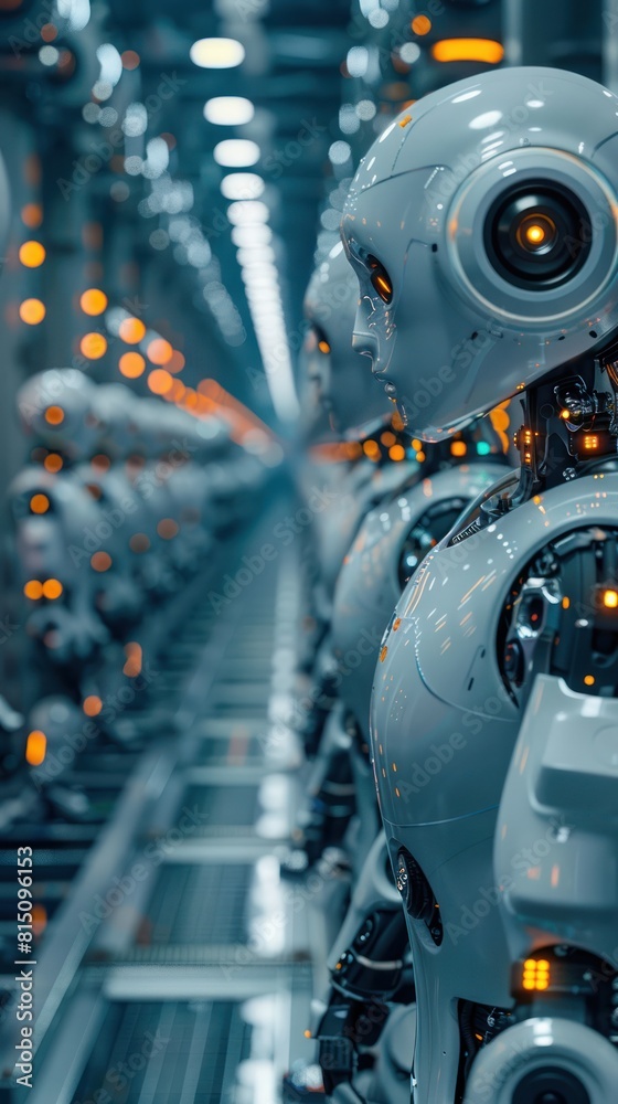 An army of robots marches forward in a gleaming, futuristic hallway ...