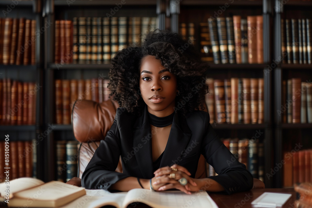 Young black woman attorney in suit sits at a desk in front of a ...