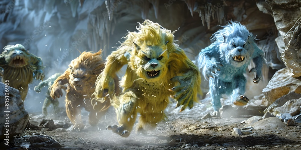 Furry monsters on the move in rocky cave terrain. Concept Monster ...