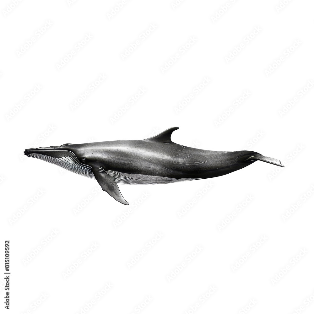 Black and white illustration of a humpback whale swimming gracefully, a ...