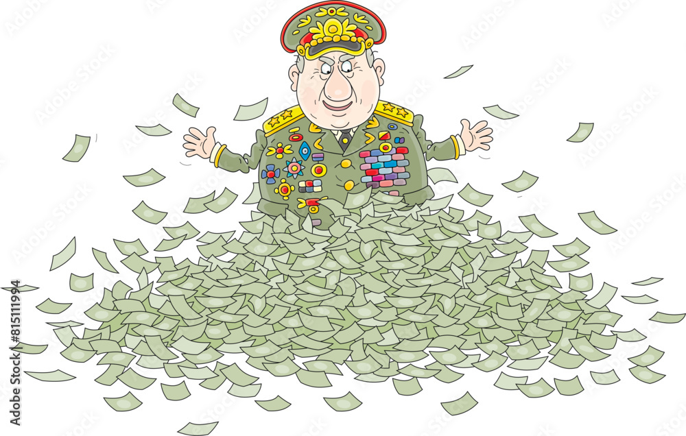 Fat corrupt general in army uniform with orders and medals on a big ...