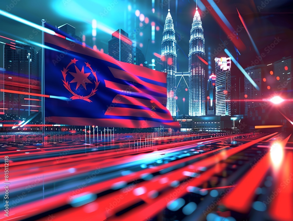 Futuristic 3D flag of Malaysia, incorporating digital elements of ...