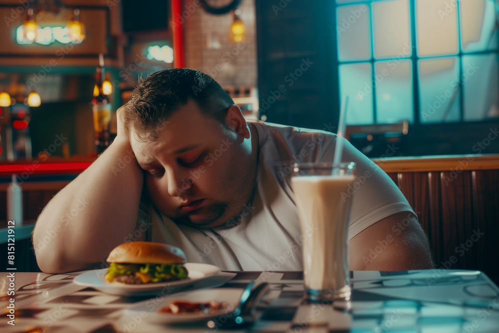 Lonely overweight obese man eating an unhealthy hamburger and drinking ...