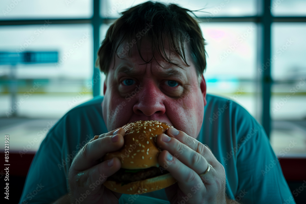 Lonely overweight obese man eating an unhealthy hamburger fast food ...