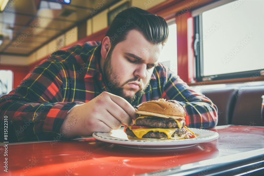 Lonely overweight obese man eating an unhealthy hamburger in a diner ...