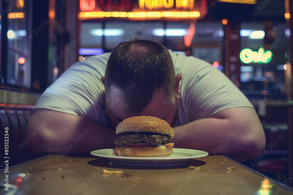 Lonely overweight obese man eating an unhealthy hamburger in a diner ...