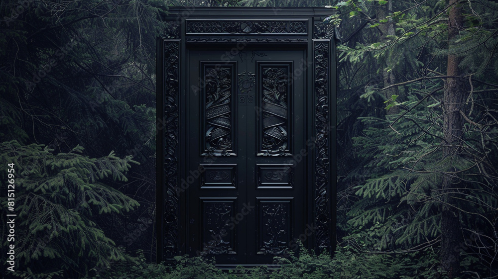 A mysterious black door standing alone in the depths of a dark forest ...