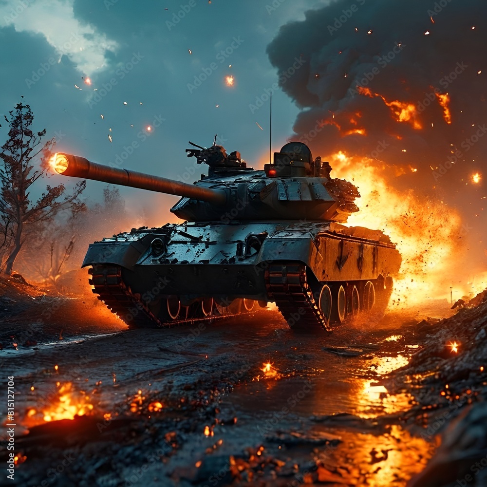 A tank is on fire in a desert. War Concept. Armored vehicles. Tanks ...