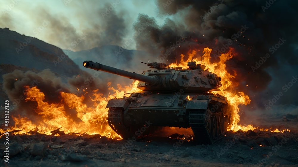 A tank is on fire in a desert. War Concept. Armored vehicles. Tanks ...