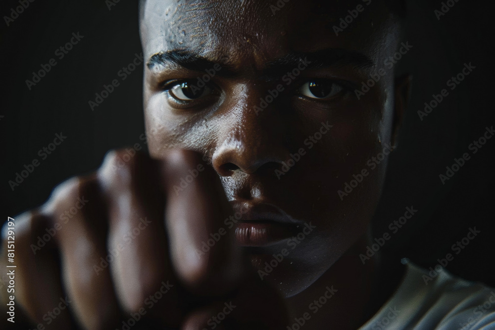 Intense Gaze: Young Black Man Pointing Towards the Camera with his fist ...