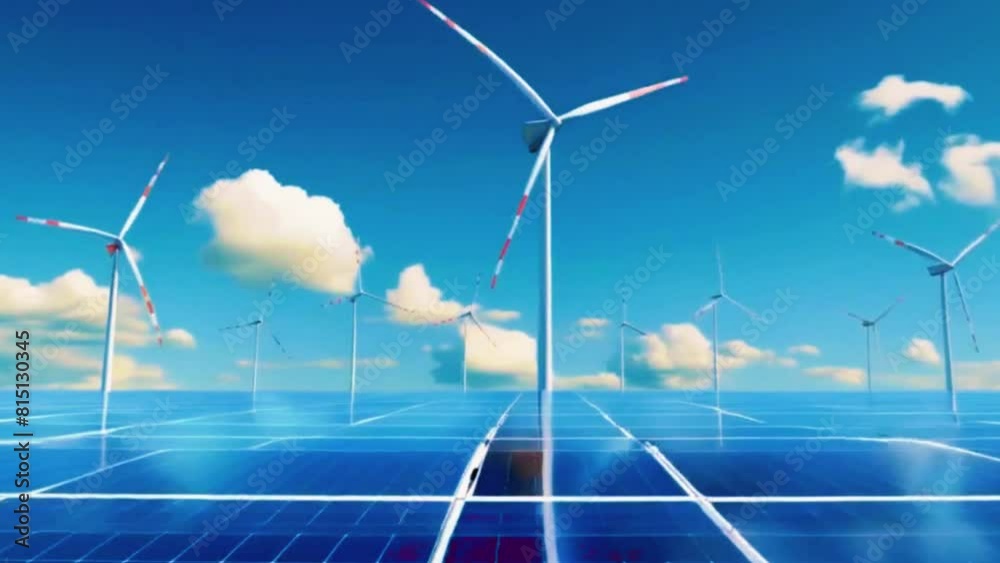 Wind turbines and solar panels generating clean energy, 4K Futuristic ...