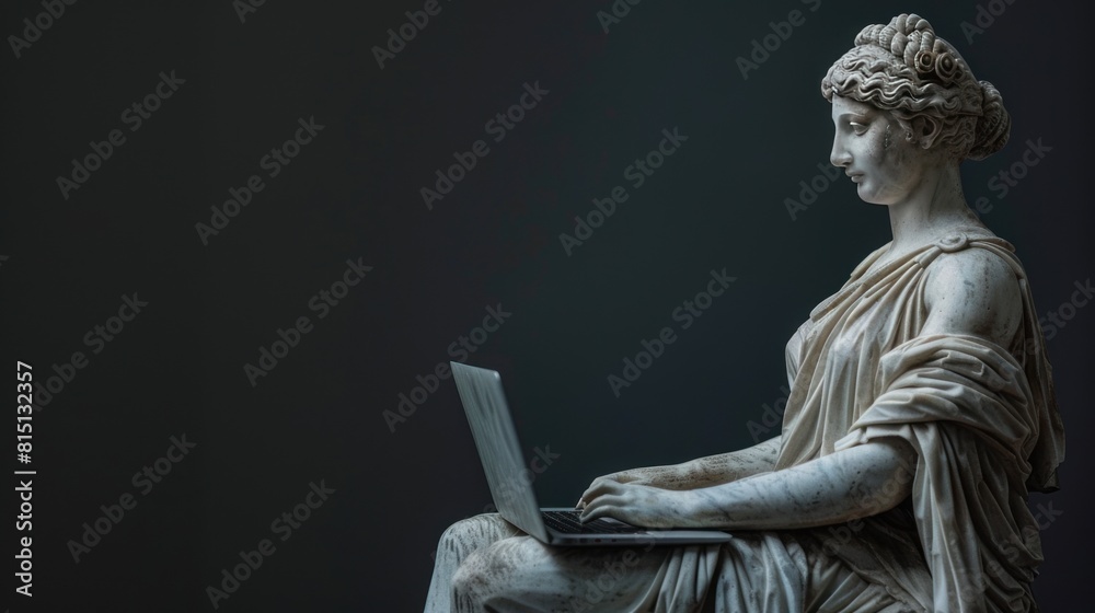 Goddess sculpture ancient working with laptop isolated dark background ...