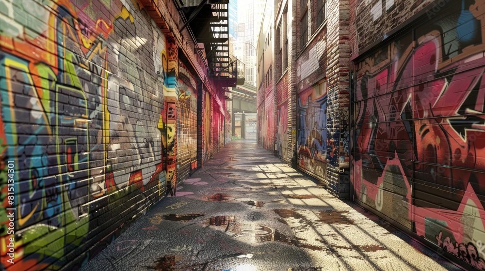 ภาพประกอบสต็อก Graffiti on a series of downtown alleys, creating a walk ...
