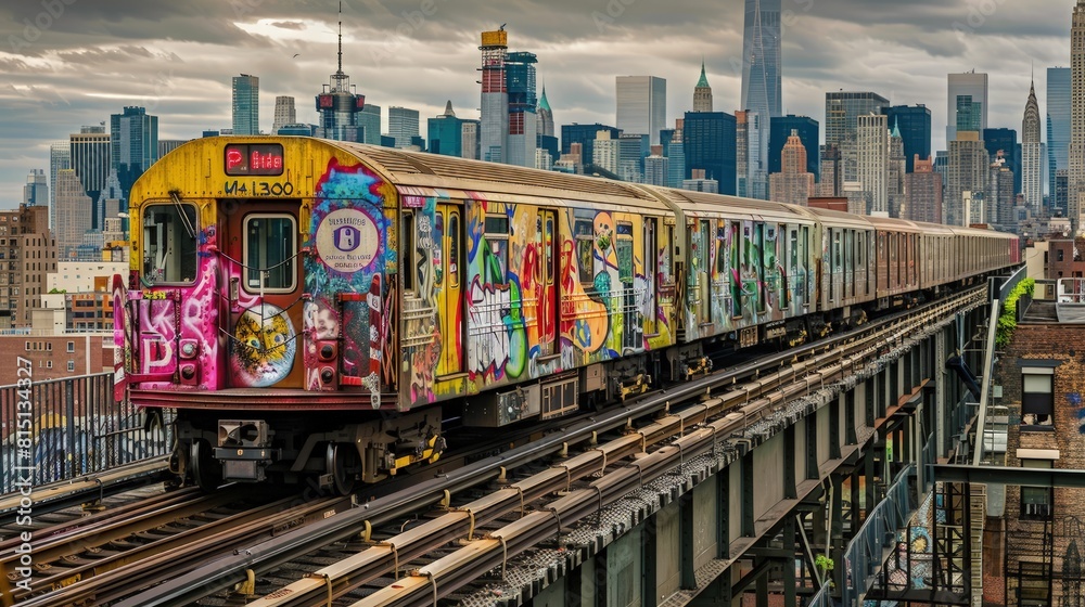 Graffiti-covered train passing through the city, moving art â€“ Transit ...