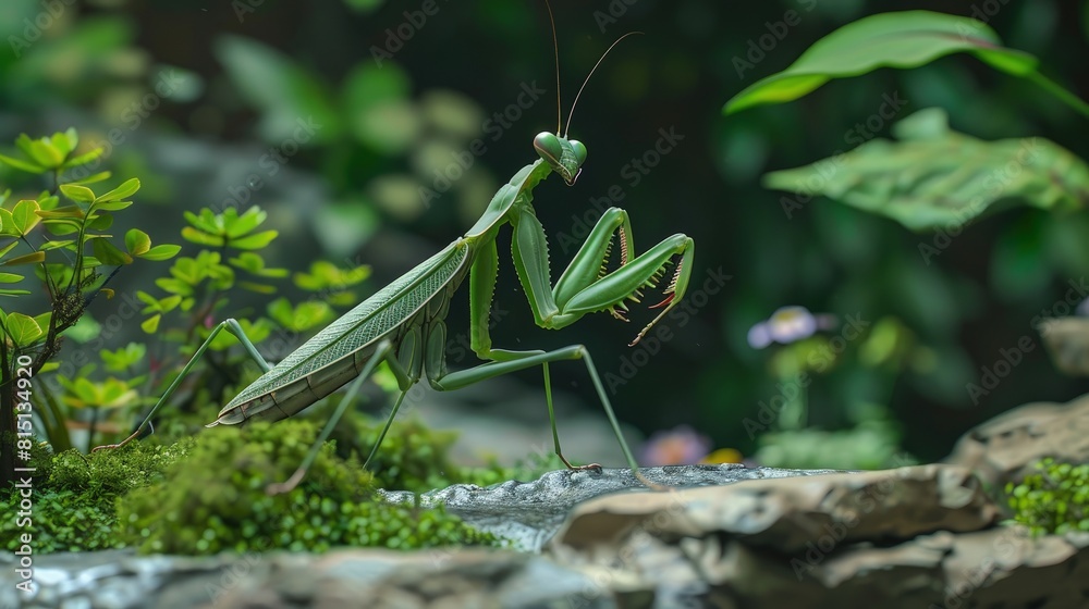 Mantis religiosa in a praying stance, iconic pose, greenery. Stock ...