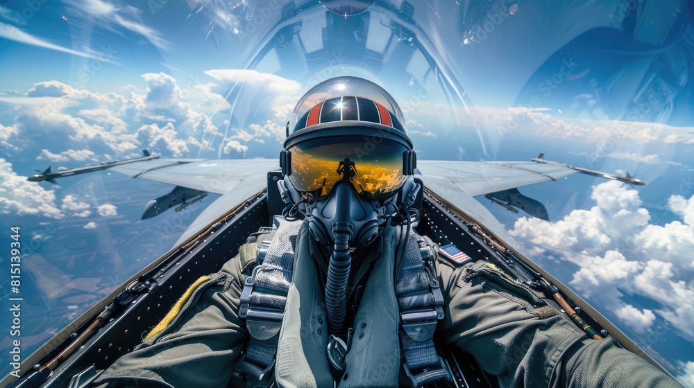 A fighter pilot is in the cockpit of a fighter jet. The pilot is ...