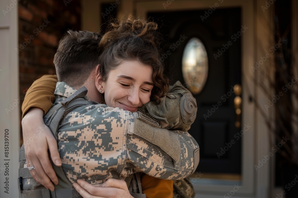 Soldier coming home from duty, hugging his wife in front of the house ...