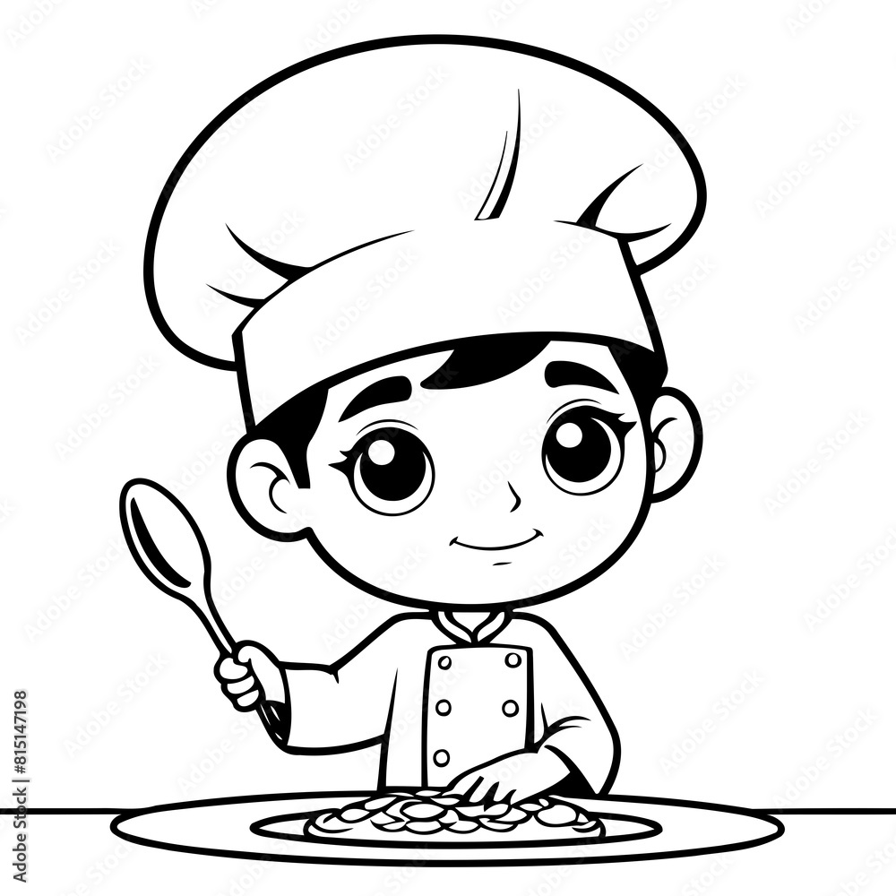 Vector illustration of a cute Chef drawing for kids colouring page ...